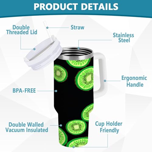 RPLIFE Sliced Kiwis Vibrant Green Tumbler with Handle and Straw, Stainless Steel Bottle, Cup with Lid and Straw