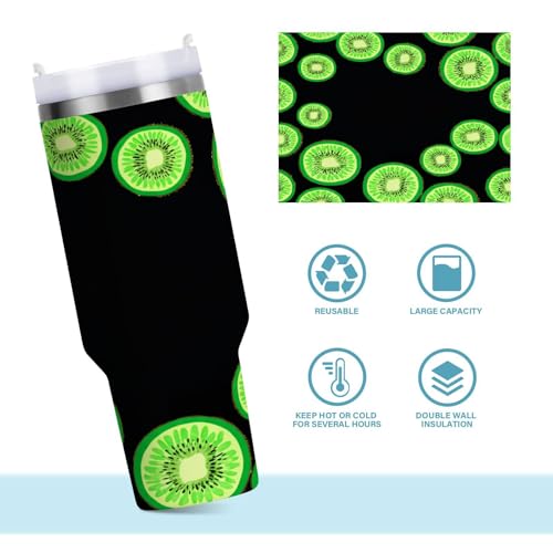 RPLIFE Sliced Kiwis Vibrant Green Tumbler with Handle and Straw, Stainless Steel Bottle, Cup with Lid and Straw