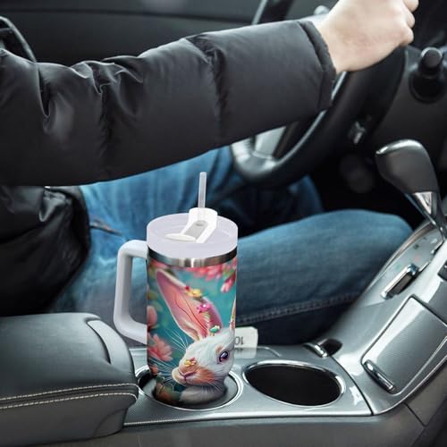 White Rabbit Pink Flowers 40 Oz Tumbler, Stainless Steel Cups with Lid, Tumbler for Men