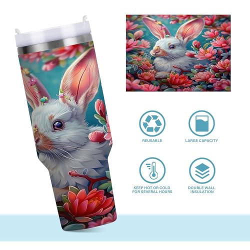 White Rabbit Pink Flowers 40 Oz Tumbler, Stainless Steel Cups with Lid, Tumbler for Men