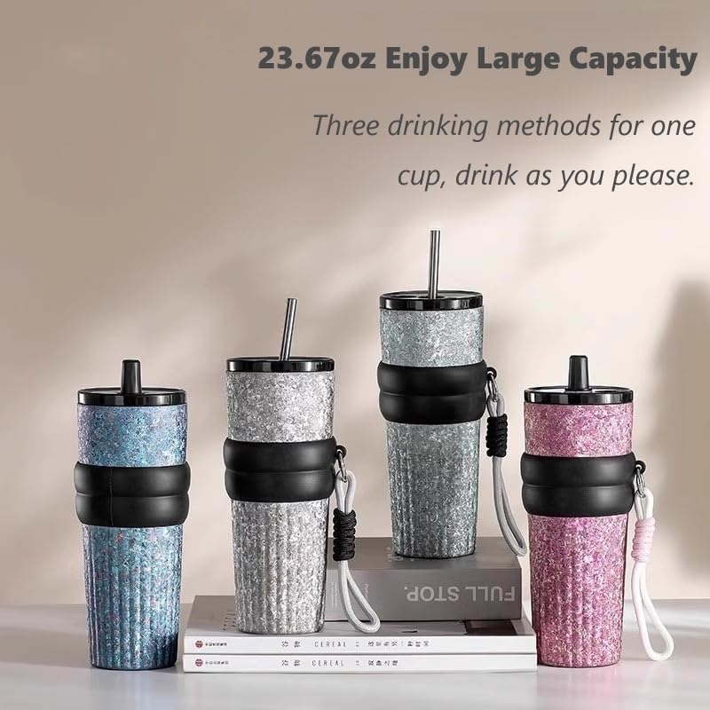 JOEY'S CHOICE 23.67oz/700ml Large Capacity Pure Titanium Double Wall Insulated Tumbler Portable Straw Ice Blaster Car Cup for Milk, Coffee, Water and Juice (Silver)