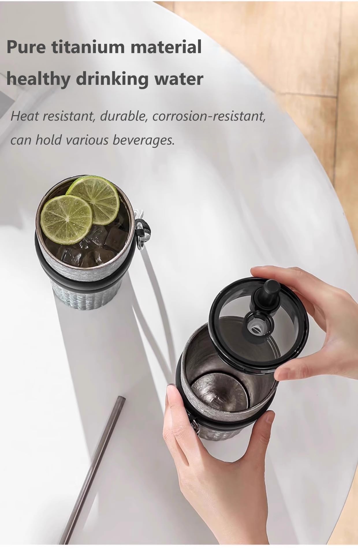 JOEY'S CHOICE 23.67oz/700ml Large Capacity Pure Titanium Double Wall Insulated Tumbler Portable Straw Ice Blaster Car Cup for Milk, Coffee, Water and Juice (Silver)