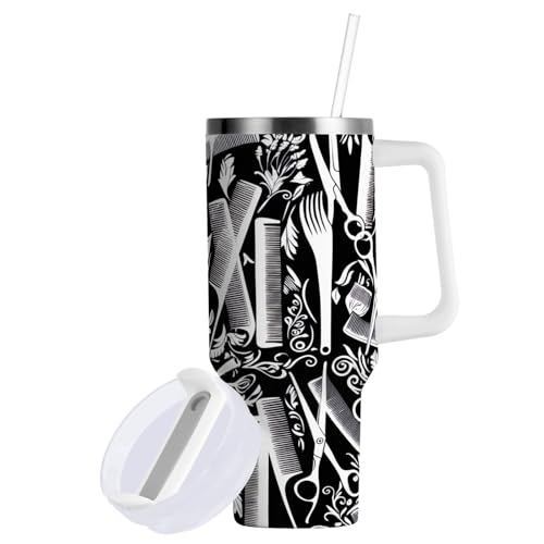 RPLIFE Hairdressing Tools Black 40oz Tumbler with Handle, Stainless Steel Coffee Tumbler, Insulated Water Bottle with Straw