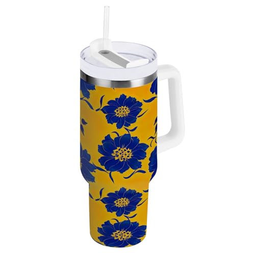 RPLIFE Elegant Dark Blue Flowers Yellow 40 Oz Tumbler with Handle and Straw, Stainless Steel Cups with Lid, Coffee Tumbler for Women