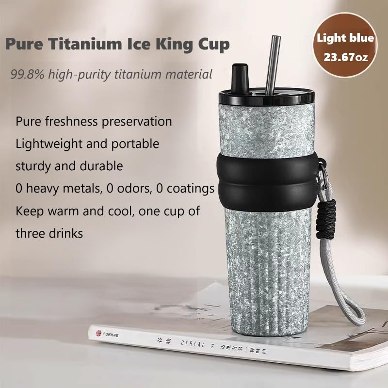 JOEY'S CHOICE 23.67oz/700ml Large Capacity Pure Titanium Double Wall Insulated Tumbler Portable Straw Ice Blaster Car Cup for Milk, Coffee, Water and Juice (Light Blue)