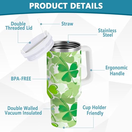 RPLIFE Green Clovers 40 Oz Tumbler, Stainless Water Bottle, Insulated Cups with Lids
