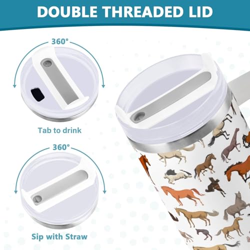 RPLIFE Horse Breeds White 40oz Tumbler with Handle, Stainless Steel Water Bottle with Straw, Tumblers for Women