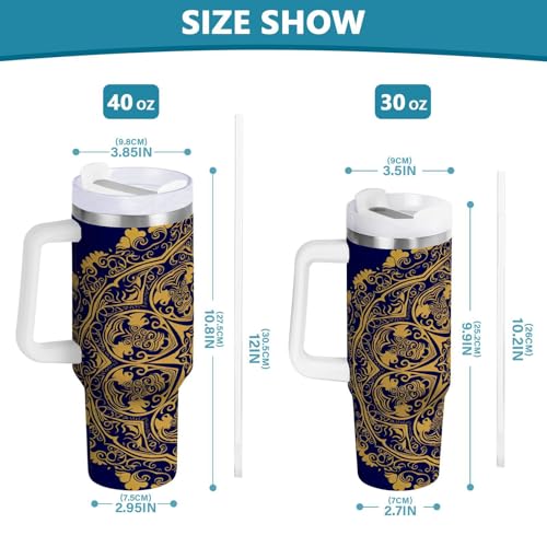 RPLIFE Intricate Swirls and Floral Navy Tumbler with Handle, Stainless Steel Mug, Cups with Lids and Straws