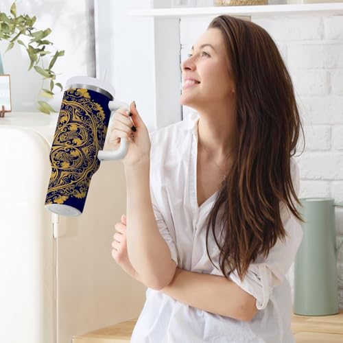 RPLIFE Intricate Swirls and Floral Navy Tumbler with Handle, Stainless Steel Mug, Cups with Lids and Straws