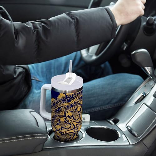 RPLIFE Intricate Swirls and Floral Navy Tumbler with Handle, Stainless Steel Mug, Cups with Lids and Straws
