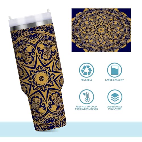 RPLIFE Intricate Swirls and Floral Navy Tumbler with Handle, Stainless Steel Mug, Cups with Lids and Straws