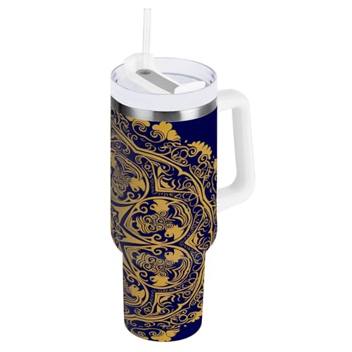 RPLIFE Intricate Swirls and Floral Navy Tumbler with Handle, Stainless Steel Mug, Cups with Lids and Straws
