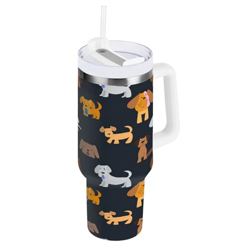 RPLIFE Cartoon Style Dogs Black 40oz Tumbler with Handle, Stainless Steel Water Bottle with Straw, Travel Coffee Tumbler