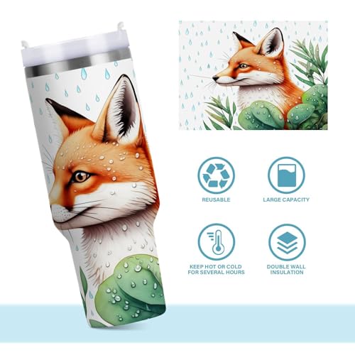 RPLIFE Cute Fox Green Leaves Tumbler, Stainless Water Bottle, Drinking Cups with Lids and Straws