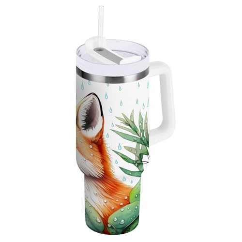RPLIFE Cute Fox Green Leaves Tumbler, Stainless Water Bottle, Drinking Cups with Lids and Straws