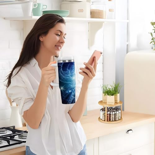 RPLIFE Galactic Bloom Blue 40 Oz Tumbler with Handle and Straw, Stainless Steel Tumbler, Insulated Coffee Mug with Lid