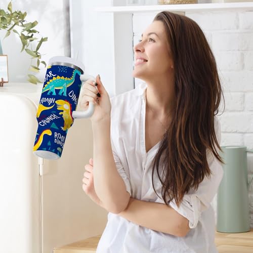 RPLIFE Colorful Dinosaurs Blue 40oz Tumbler with Handle, Stainless Steel Coffee Mug, Insulated Water Bottle with Straw