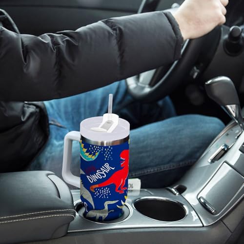 RPLIFE Colorful Dinosaurs Blue 40oz Tumbler with Handle, Stainless Steel Coffee Mug, Insulated Water Bottle with Straw
