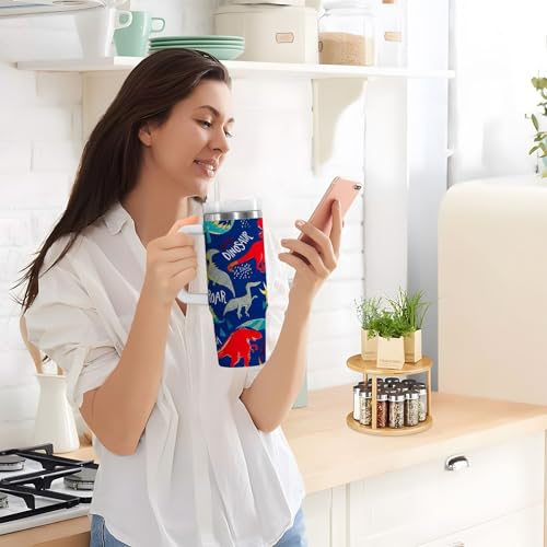 RPLIFE Colorful Dinosaurs Blue 40oz Tumbler with Handle, Stainless Steel Coffee Mug, Insulated Water Bottle with Straw
