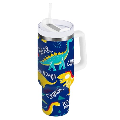 RPLIFE Colorful Dinosaurs Blue 40oz Tumbler with Handle, Stainless Steel Coffee Mug, Insulated Water Bottle with Straw