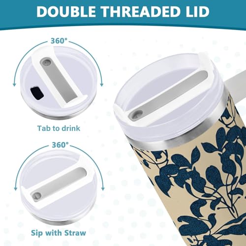 RPLIFE Blue Leaf Beige 40oz Tumbler with Handle, Stainless Steel Tumbler with Straw, Tumblers for Women