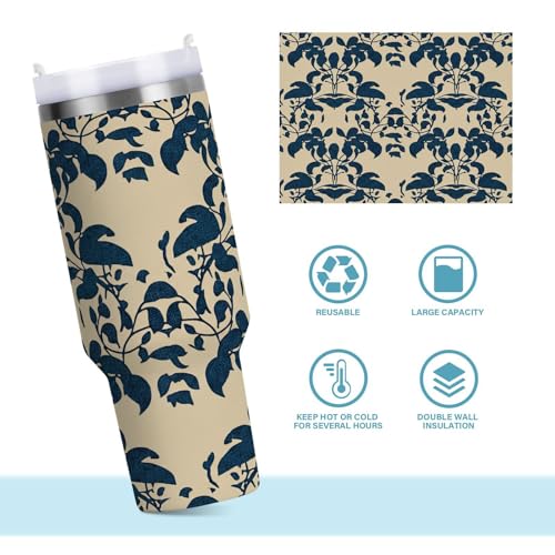 RPLIFE Blue Leaf Beige 40oz Tumbler with Handle, Stainless Steel Tumbler with Straw, Tumblers for Women