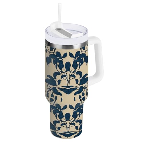 RPLIFE Blue Leaf Beige 40oz Tumbler with Handle, Stainless Steel Tumbler with Straw, Tumblers for Women