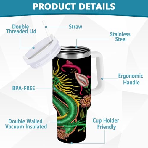 RPLIFE Cool Green Dragon Black 40oz Tumbler with Handle, Stainless Water Bottle, Insulated Tumblers with Handles