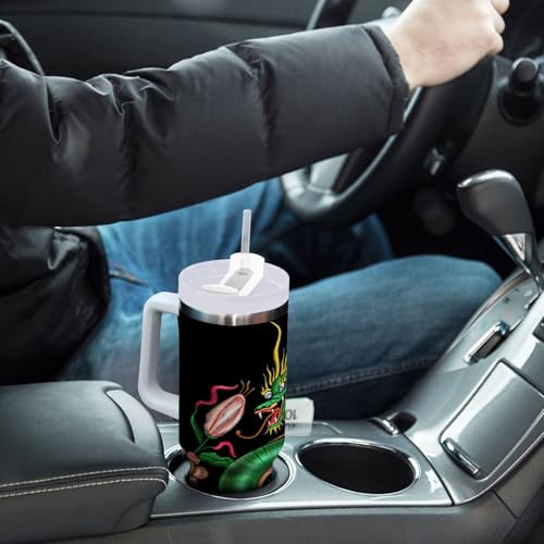 RPLIFE Cool Green Dragon Black 40oz Tumbler with Handle, Stainless Water Bottle, Insulated Tumblers with Handles