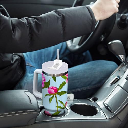 RPLIFE Pink Peonies Light Blue Stainless Steel Coffee Mug, Insulated Tumbler, Tumbler for Men