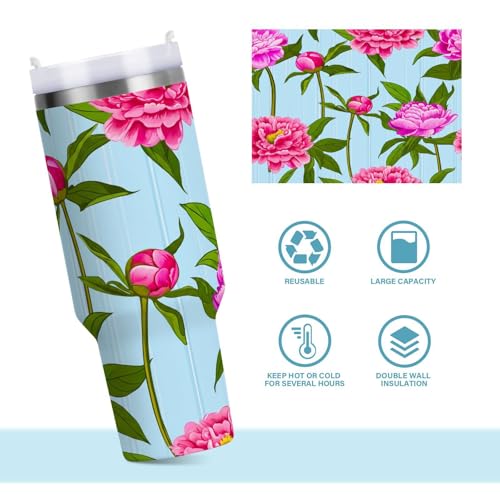 RPLIFE Pink Peonies Light Blue Stainless Steel Coffee Mug, Insulated Tumbler, Tumbler for Men