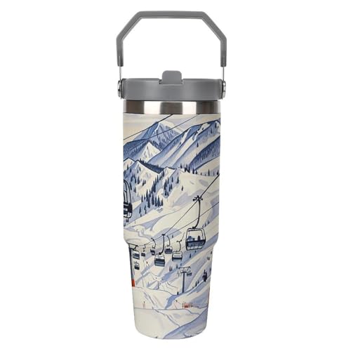 WITHSBKK 30oz Car Cup Mount Horsney Ski Lift Printed with Portable, Stainless Steel Travel Mug, Vacuum Insulated Tumbler And Straw, Leakproof for Car & Outdoor, UV Printed Design