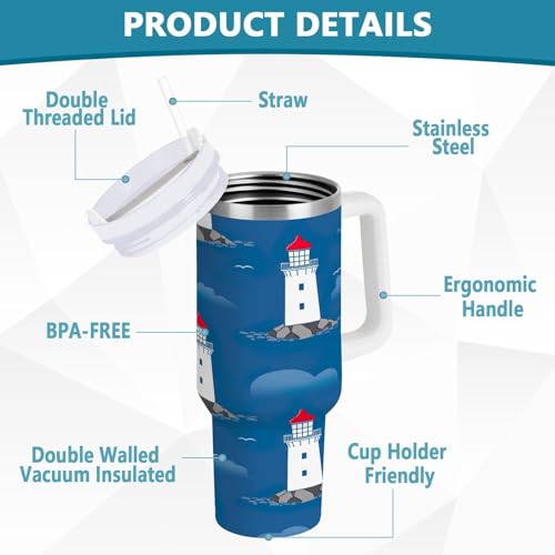 RPLIFE Whimsical Sweet Lighthouse Blue Coffee Tumbler with Handle, Stainless Steel Coffee Tumbler, Cups with Lids