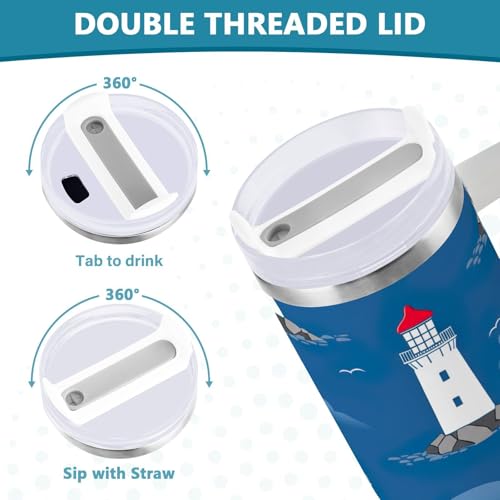RPLIFE Whimsical Sweet Lighthouse Blue Coffee Tumbler with Handle, Stainless Steel Coffee Tumbler, Cups with Lids