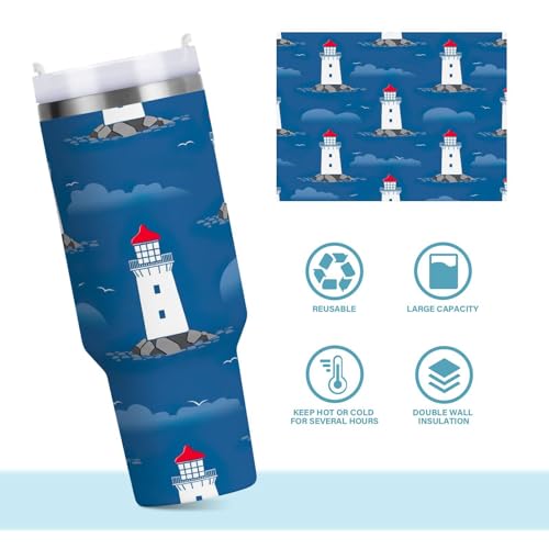 RPLIFE Whimsical Sweet Lighthouse Blue Coffee Tumbler with Handle, Stainless Steel Coffee Tumbler, Cups with Lids