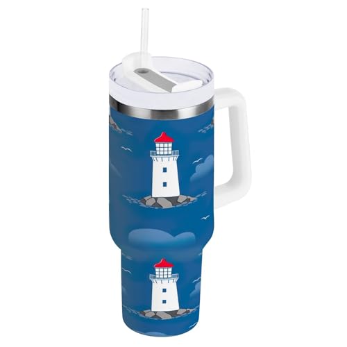 RPLIFE Whimsical Sweet Lighthouse Blue Coffee Tumbler with Handle, Stainless Steel Coffee Tumbler, Cups with Lids