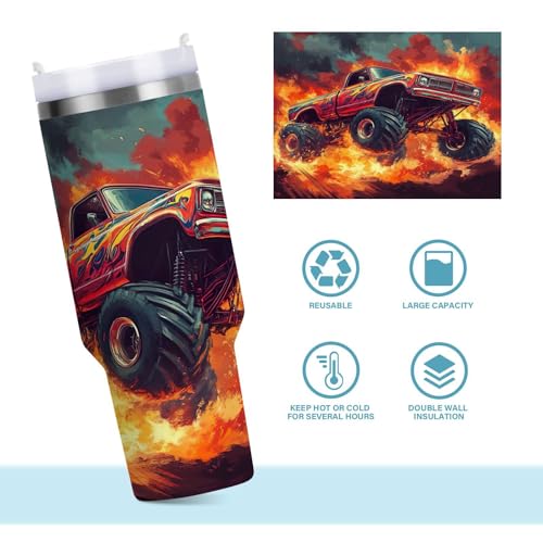 RPLIFE Monster Truck Stainless Steel Mug, Insulated Cup with Straw, Tumbler for Men