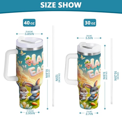 RPLIFE Cute Easter Rabbits Tumbler with Handle, Stainless Steel Coffee Tumbler, Tumbler with Lid and Straw