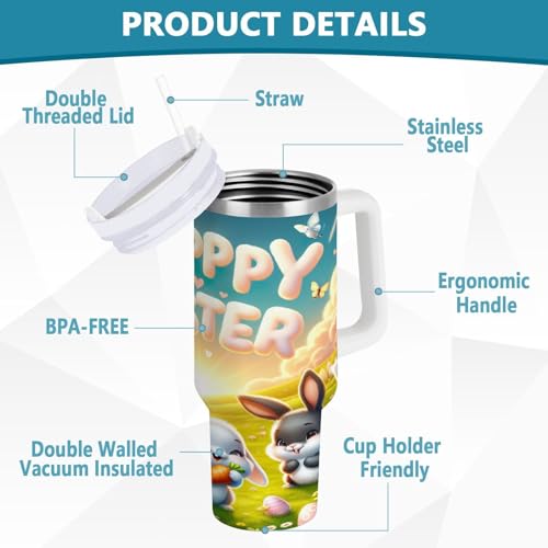 RPLIFE Cute Easter Rabbits Tumbler with Handle, Stainless Steel Coffee Tumbler, Tumbler with Lid and Straw