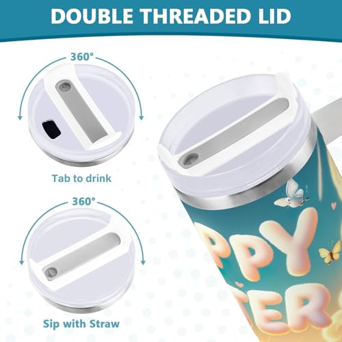 RPLIFE Cute Easter Rabbits Tumbler with Handle, Stainless Steel Coffee Tumbler, Tumbler with Lid and Straw