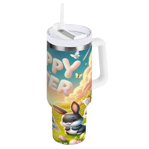 RPLIFE Cute Easter Rabbits Tumbler with Handle, Stainless Steel Coffee Tumbler, Tumbler with Lid and Straw