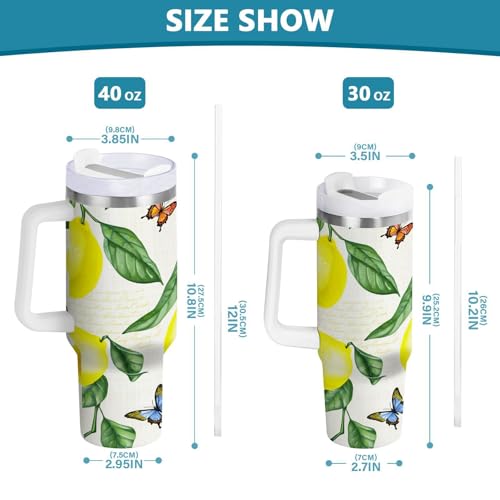 RPLIFE Juicy Lemons Butterfly White Stainless Steel Cup, Insulated Cup with Straw, Coffee Tumbler for Women