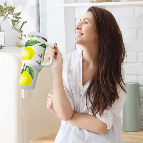 RPLIFE Juicy Lemons Butterfly White Stainless Steel Cup, Insulated Cup with Straw, Coffee Tumbler for Women