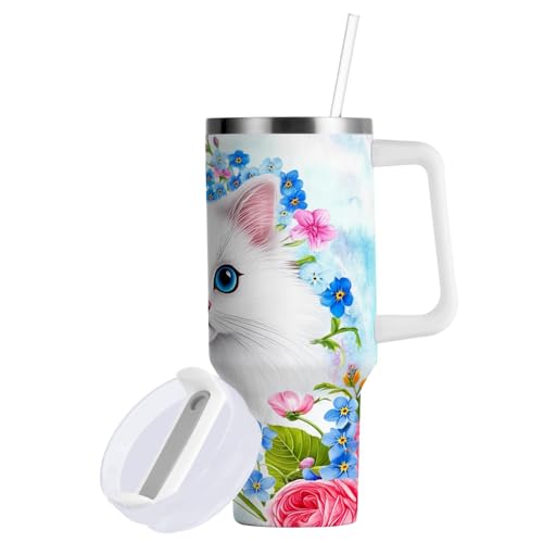 Cozy White Cat Rose 40 Oz Tumbler with Handle, Stainless Steel Cups with Lid, Travel Coffee Tumbler