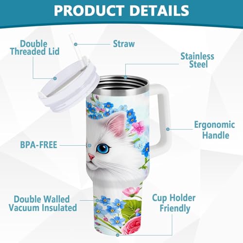 Cozy White Cat Rose 40 Oz Tumbler with Handle, Stainless Steel Cups with Lid, Travel Coffee Tumbler