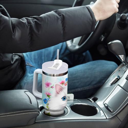 Cozy White Cat Rose 40 Oz Tumbler with Handle, Stainless Steel Cups with Lid, Travel Coffee Tumbler