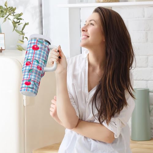RPLIFE Kawaii Cherry Grid Pastel Stainless Water Bottle, Insulated Coffee Cups with Lids, Tumblers for Women