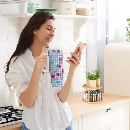 RPLIFE Kawaii Cherry Grid Pastel Stainless Water Bottle, Insulated Coffee Cups with Lids, Tumblers for Women