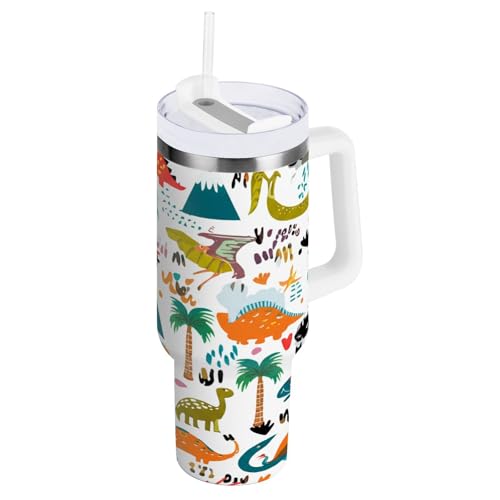 RPLIFE Cute Colorful Dinosaurs 40oz Tumbler with Handle, Stainless Steel Tumbler with Straw, Coffee Tumbler for Women