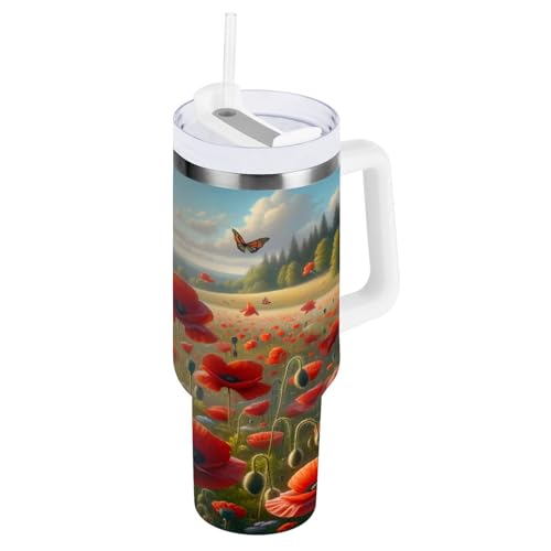RPLIFE Poppy Flowers 40oz Tumbler with Handle, Stainless Steel Water Bottle with Straw, Tumblers for Women